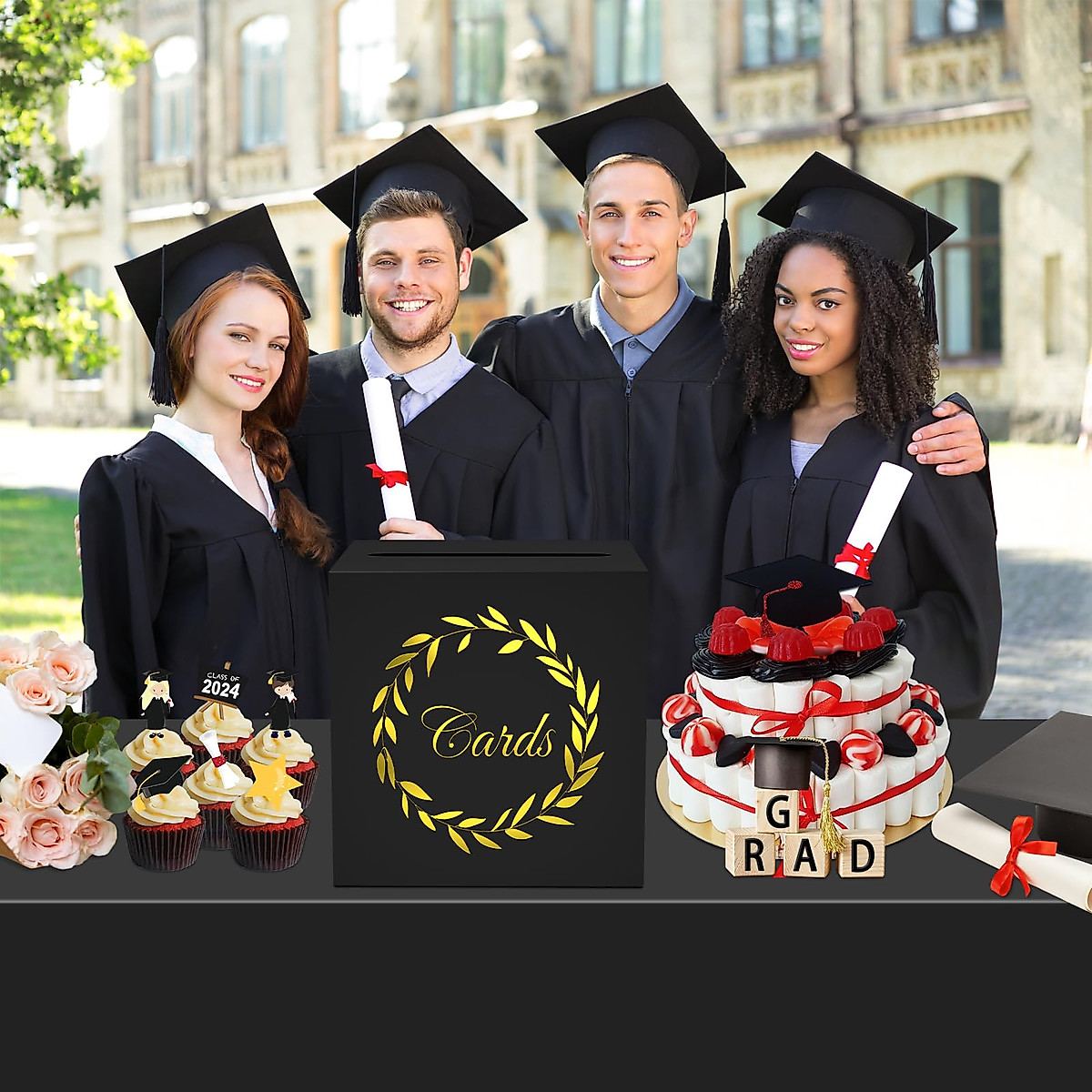 Black Card Box for Party, 8.7" Leaf Gold Foil Design Gift Cards Receiving Box Holder for Wedding, Bridal Shower, Graduation, Birthday, Retirement, Baby Shower, Anniversaries Party Decorations