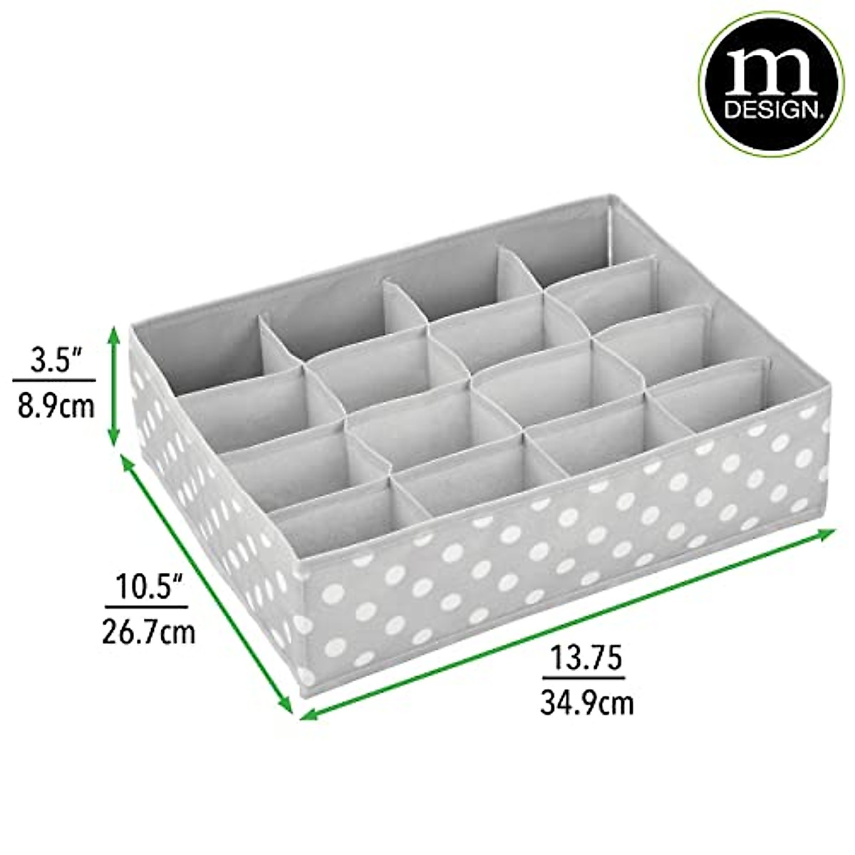 mDesign Soft Fabric Dresser Drawer and Closet Storage Organizer for Child/Kids Room and Nursery - Large 16 Section Organizer - Polka Dot Print - Light Gray/White