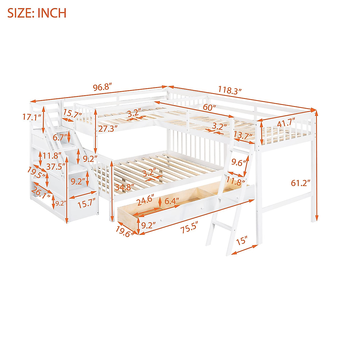 CITYLIGHT Twin Over Full L-Shaped Triple Bunk Bed for Kids, Wooden Corner Bunk Bed with 3 Storage Drawers Attached a Twin Loft Bed,Bunk Beds with Stairs and Ladder for Boys Girls Teens,Espresso
