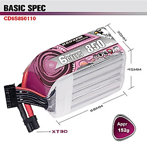 CODDAR 850mAh 6S 22.2V 110C LiPo Battery with XT30 Connector for RC Heli Airplane Quadcopter Helicopter Multi-Motor Hobby DIY Parts,2inch to 3inch FPV, 2inch to 2.5inch CineWhoop