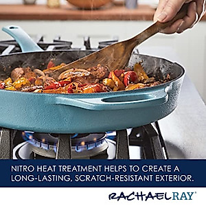 Rachael Ray NITRO Cast Iron Frying Pan/Skillet with Helper Handle and Pour Spouts, 12 Inch, Agave Blue