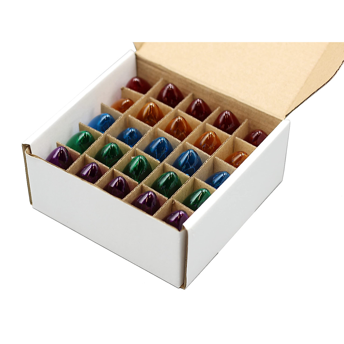 Creative Hobbies 25 Pack C7 Transparent Multicolor Christmas Light Bulbs - 7W Steady Burning Incandescent, Nickel Plated Candelabra Base, Extended Life