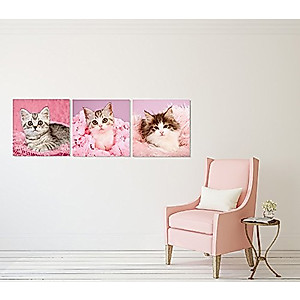 Hello Lovely Kitty Modern Canvas Art Print Cute Pet Kitten Paintings Pink Cat Animal Picture on Canvas 3 Panels Giclee Artwork Daughter Birthday Gift for Kids Room Wall Decor (Framed 12x12inchx3pcs)