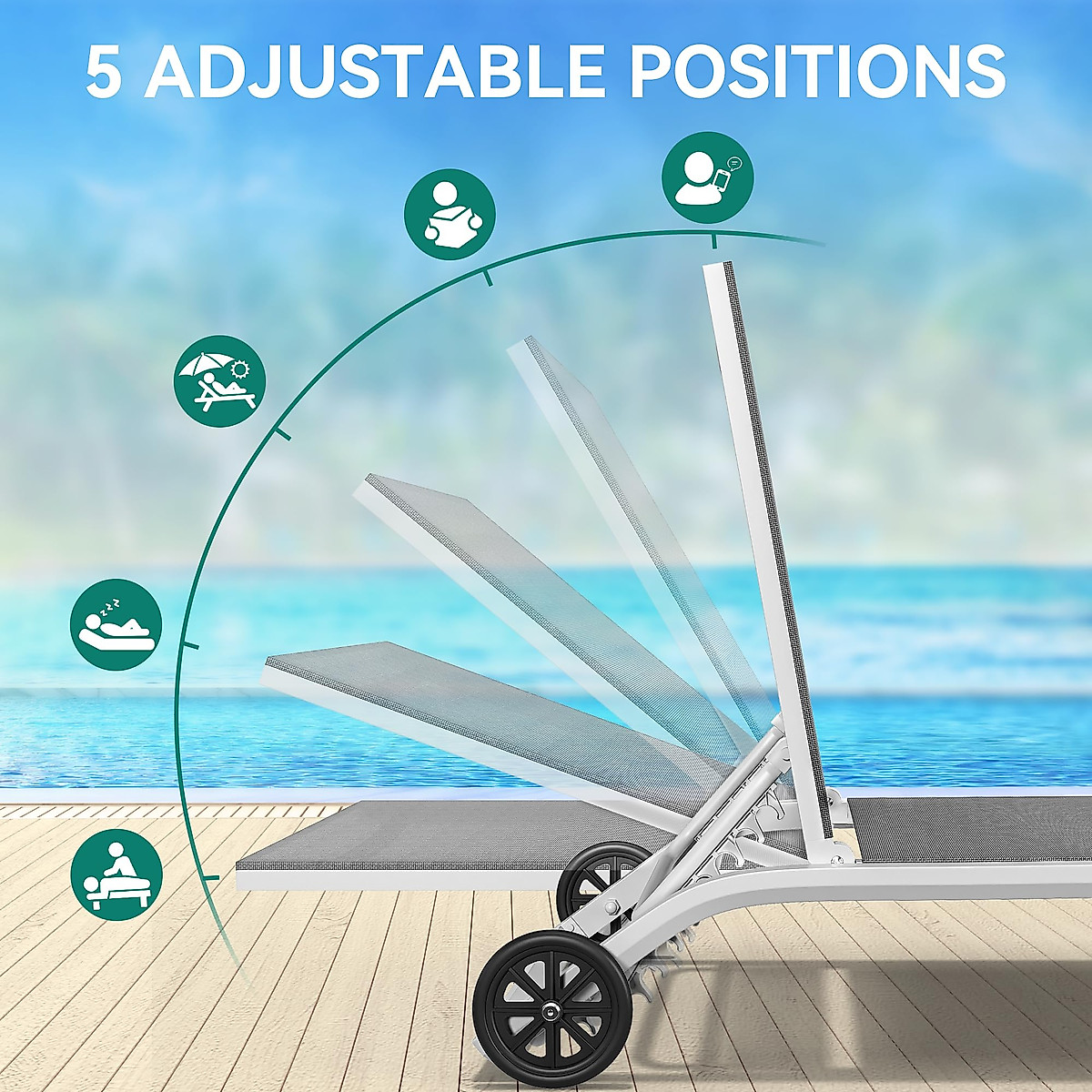 YITAHOME Aluminum Chaise Lounge Outdoor, Widened Patio Lounge Chair with Wheels, 5-Position Adjustable Sunbathing Recliner for Poolside, Backyard, Lawn (Grey)