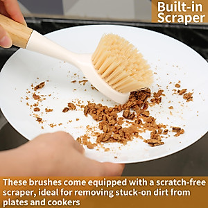 2 Pack Kitchen Dish Brush Bamboo Handle Dish Scrubber Built-in Scraper, Scrub Brush for Pans, Pots, Kitchen Sink Cleaning, Dishwashing and Cleaning Brushes are Perfect Cleaning Tools, White