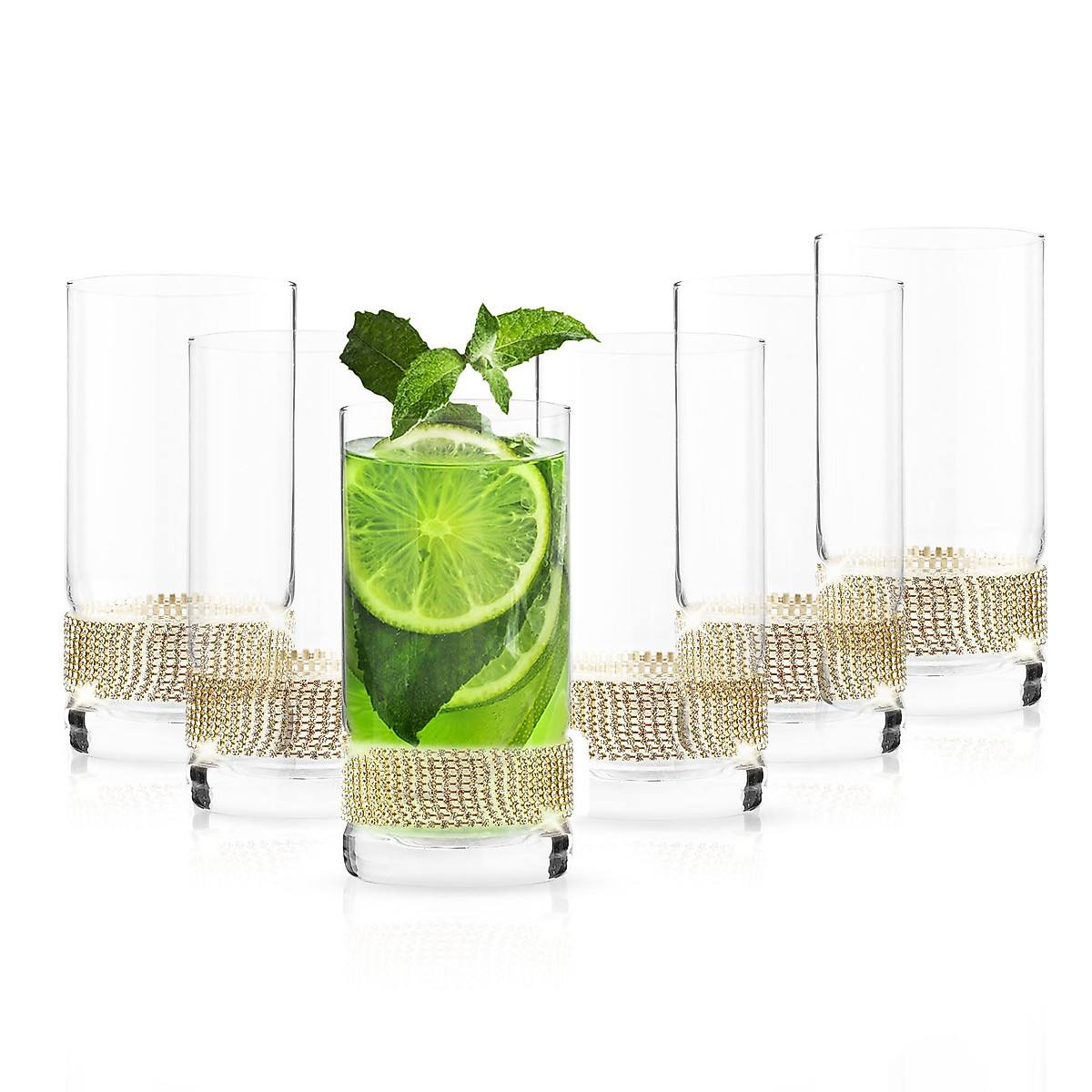 BERKWARE Luxurious Highball Glasses - Elegant Cocktail Glasses & Tom Collins Glasses with Rhinestone Design, 16oz (Set of 6)