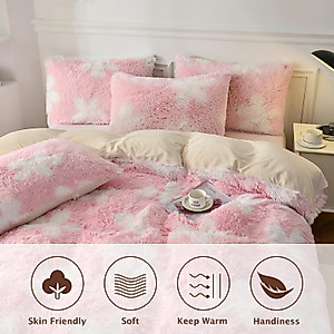 BEDMEO Tie Dye Plush Luxury Fluffy Faux Fur Duvet Cover Set,Soft Crystal Velvet Bedding Sets,Boho Bedding for 3 Pieces Chic Home Duvet Covers(1 Furry Duvet Cover + 2 Pillowcases) King,Tie-Dye Pink