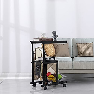 DAYTOYS C Shaped End Table-Movable Sofa Table with Metal Frames-Height Adjustable Sofa Tables with Storage Basket for Living Room, Bedroom, Bedside (Black)
