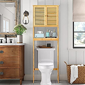 Markif Bamboo 2 Doors 1 Shelf Toilet Cabinet Bathroom Cabinet Over The Toilet Storage Cabinet,Bathroom Organizer with Adjustable Inside Shelf and Bottom Stabilizer Bar, Space-Saving Toilet Rack