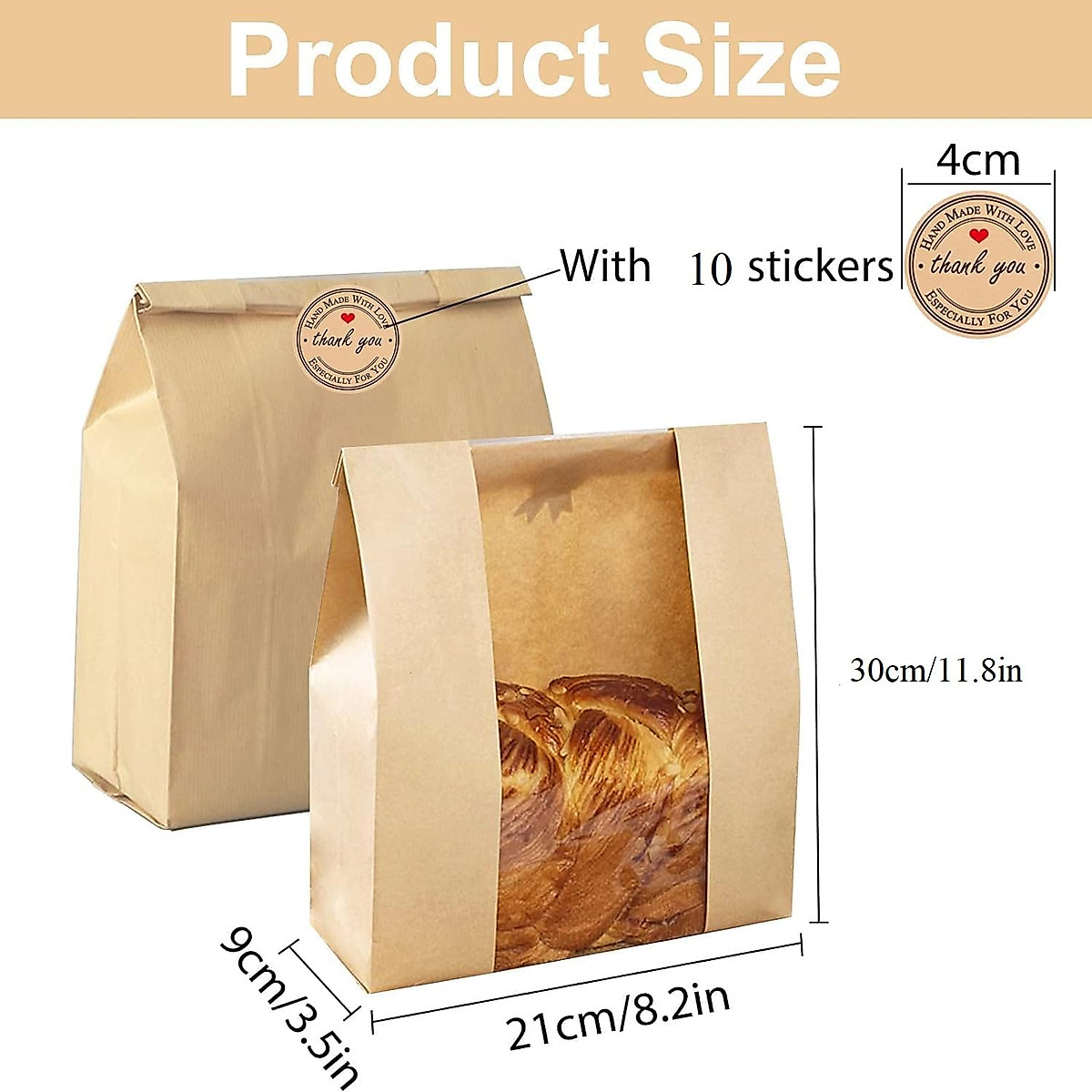 10 Pack Large Paper Bread Bags for Homemade Sourdough Loaves Bread Bags with Window for Homemade Bread Gift Giving, Sourdough Bread Packaging Storage with Label Seal Stickers(13.7x8.2x3.5 inch)