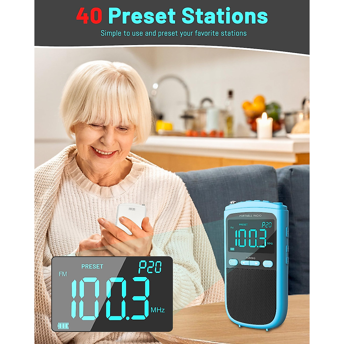 Sunoony Portable Radio AM FM, 900mAh Rechargeable Battery Personal Pocket Radio with Best Reception, Clearly LCD Screen, Earphone Jack, Time Setting Transistor Radio for Home & Outdoor, Walking (Blue)