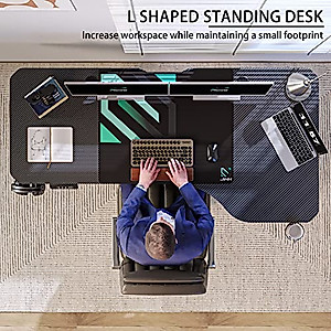 JWX Standing Adjustable Desk, 63 inches L Shaped Electric Standing Gaming Desk with Locking Wheels, Cup Holder, Headphone Hook, Cable Manager, Mouse pad, Carbon Fiber Textured Pane