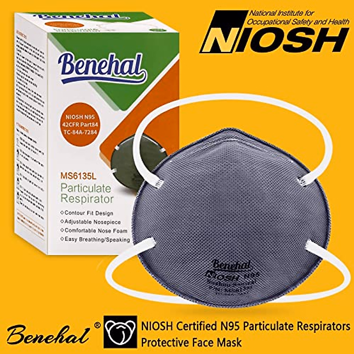Benehal NIOSH Certified N95 Mask Pack of 20, Particulate Respirators Protective N95 Cup Dust Face Masks Model MS6135L Grey For Adult Women & Men