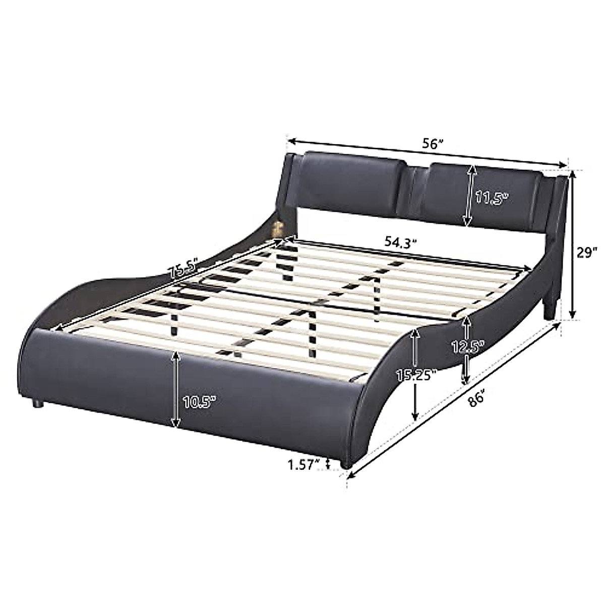 Anwickhomk Full Size Faux Leather Upholstered Platform Bed,Modern Wave Like led Bed Frame with LED Light/Headboard/Wood Slatted Supports,No Box Spring Needed (Black)