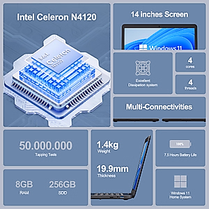 14" Laptop Computer, 8GB RAM 256GB SSD, Quad-Core Intel Celeron N4120 Processors, Windows 11 Laptops Computers 2.4G/5G WiFi,BT4.2, Webcam, HD Display, Long Battery Life,Ultra Slim,HDMI