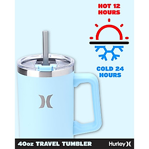 Hurley Tumbler Thermos - 40oz Double Wall Vacuum Insulated Travel Mug with Handle - BPA Free Stainless Steel Water Bottle - Leak Proof Hot and Cold Coffee Car Cup, Size 40 Ounces