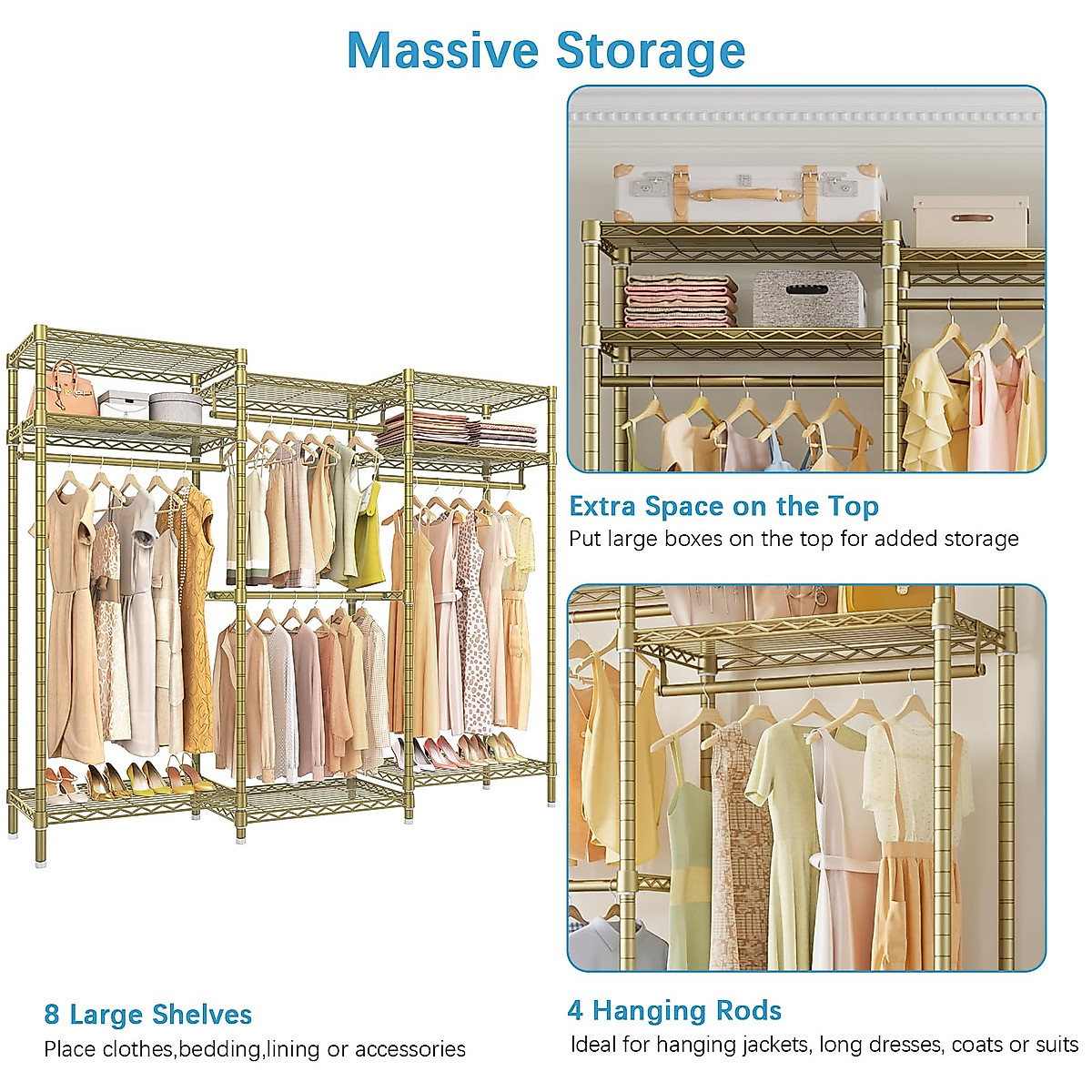 VIPEK V5i Garment Rack Heavy Duty Clothes Rack, Portable Closet Wardrobe Bedroom Armoires Freestanding Clothing Rack with 8 Adjustable Shelves & 4 Hang Rods, 68.9" L x 15.7" W x 76.4" H, Gold