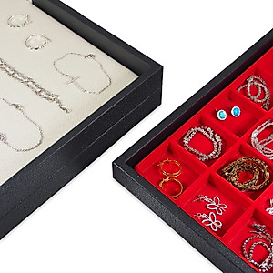 CuteBox Company Black Plastic Tray (14.75” x 8.25” x 1”) with 7 Compartment Red Flocked Tray Insert for Jewelry Storage, Organization, Merchandise, Display