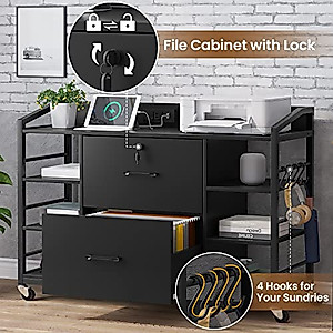 SEDETA 44" File Cabinet, Filing Cabinet fits Legal/Letter Size, 2 Drawer File Cabinets for Home Office with Lock, Power Strip, 6 Storage Shelves, Rustic Brown