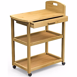 Purbambo Bamboo Kitchen Storage Cart, 3 Tier Rolling Cart, Mobile Utility Cart Trolley with Drawer and Lockable Casters for Home Kitchen