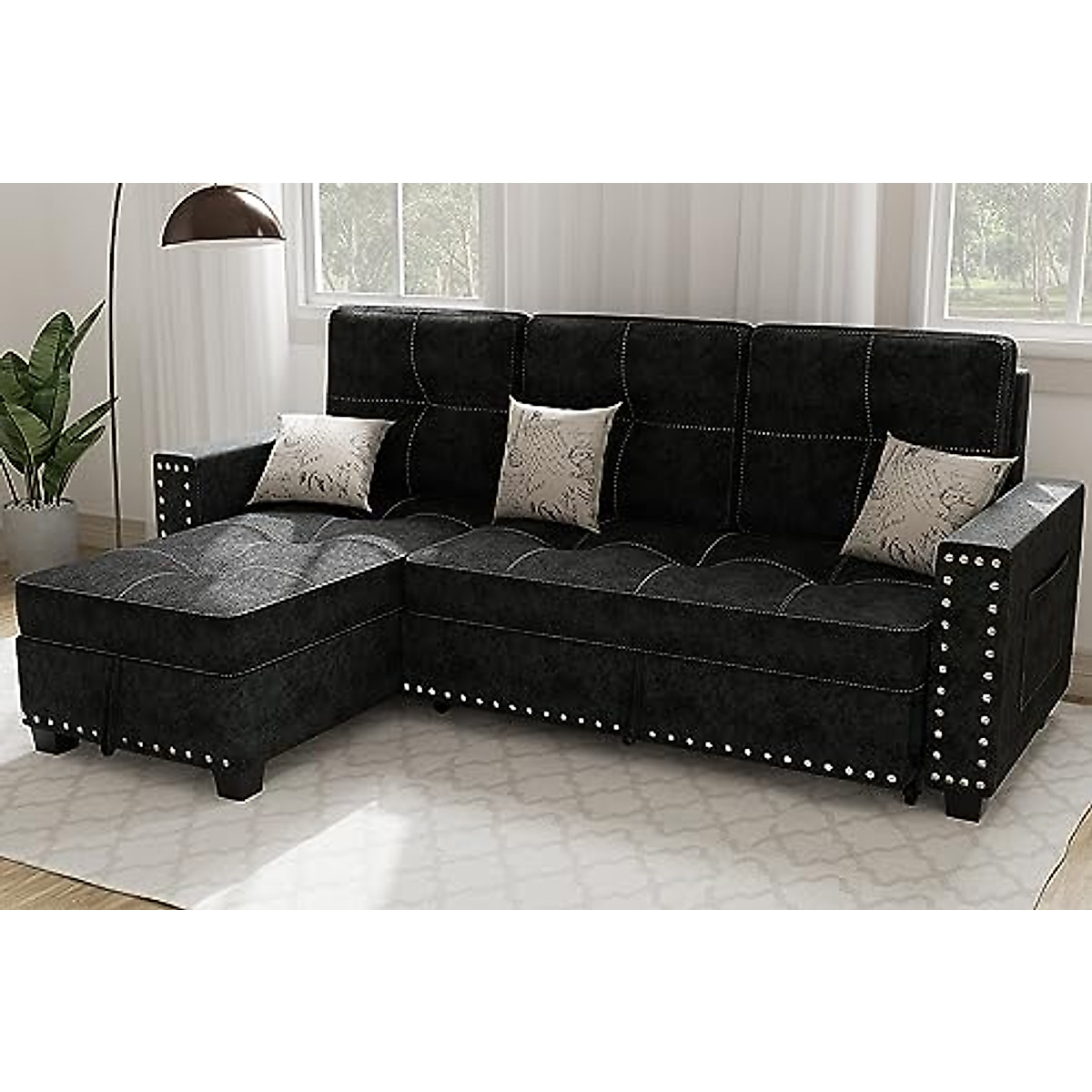 Ucloveria Reversible Sectional Sofa Couch, Sleeper Sofa Bed with Storage Chaise Pull Out Couch Bed for Living Room L-Shape Lounge 2 in 1 Sectional Couch with Pull Out Bed Black