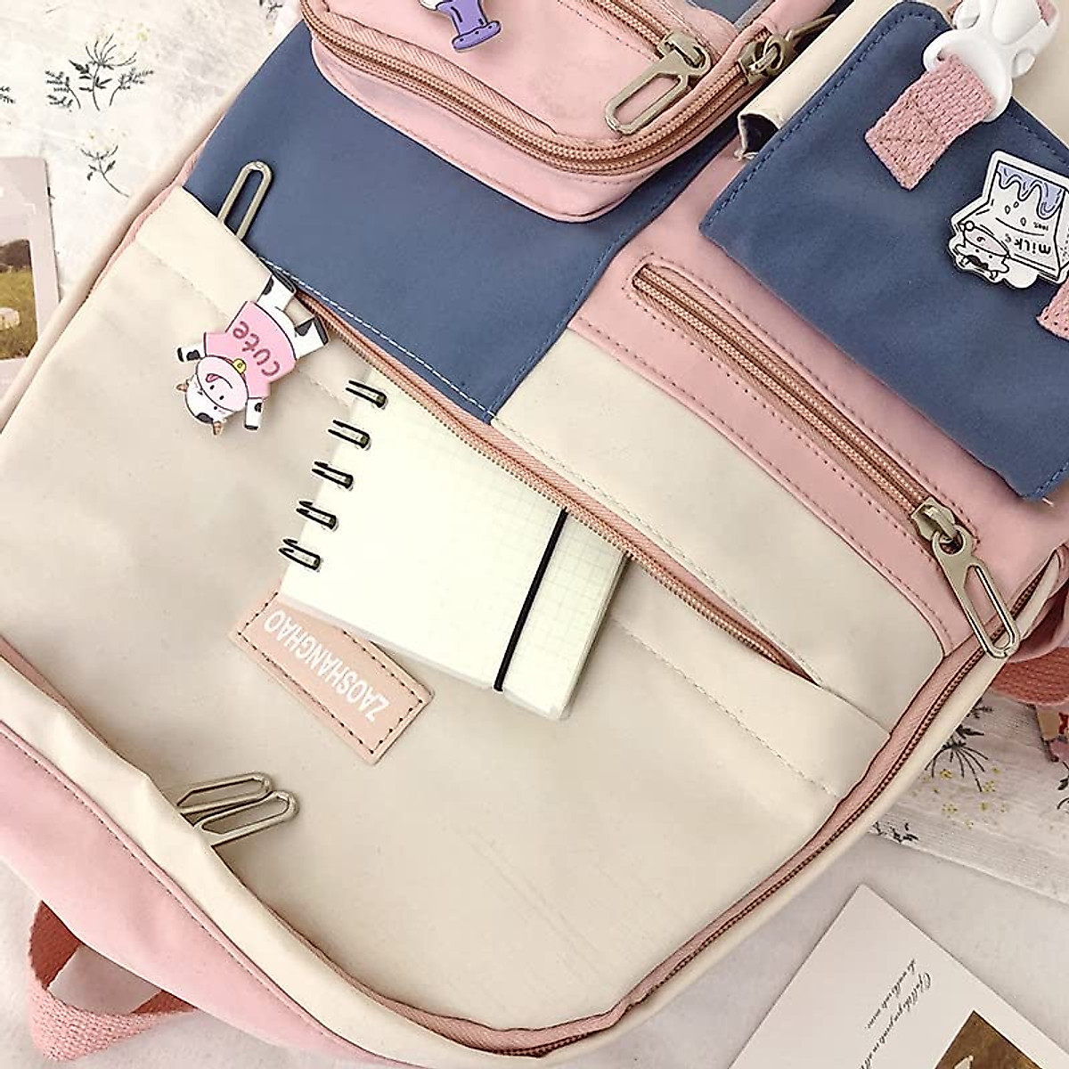 HeiBao Kawaii Backpack for Teen Girls Aesthetic Student Bookbags with Cute Accessories cow decoration nylon waterproof