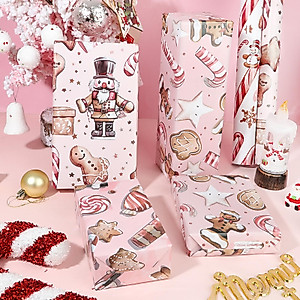 Vnaaem Pink Christmas Wrapping Paper with 4 Nutcracker Gingerbread Design for Christmas Holiday Party Celebration - 20 X 28Inches Per Sheet(8 Pack)