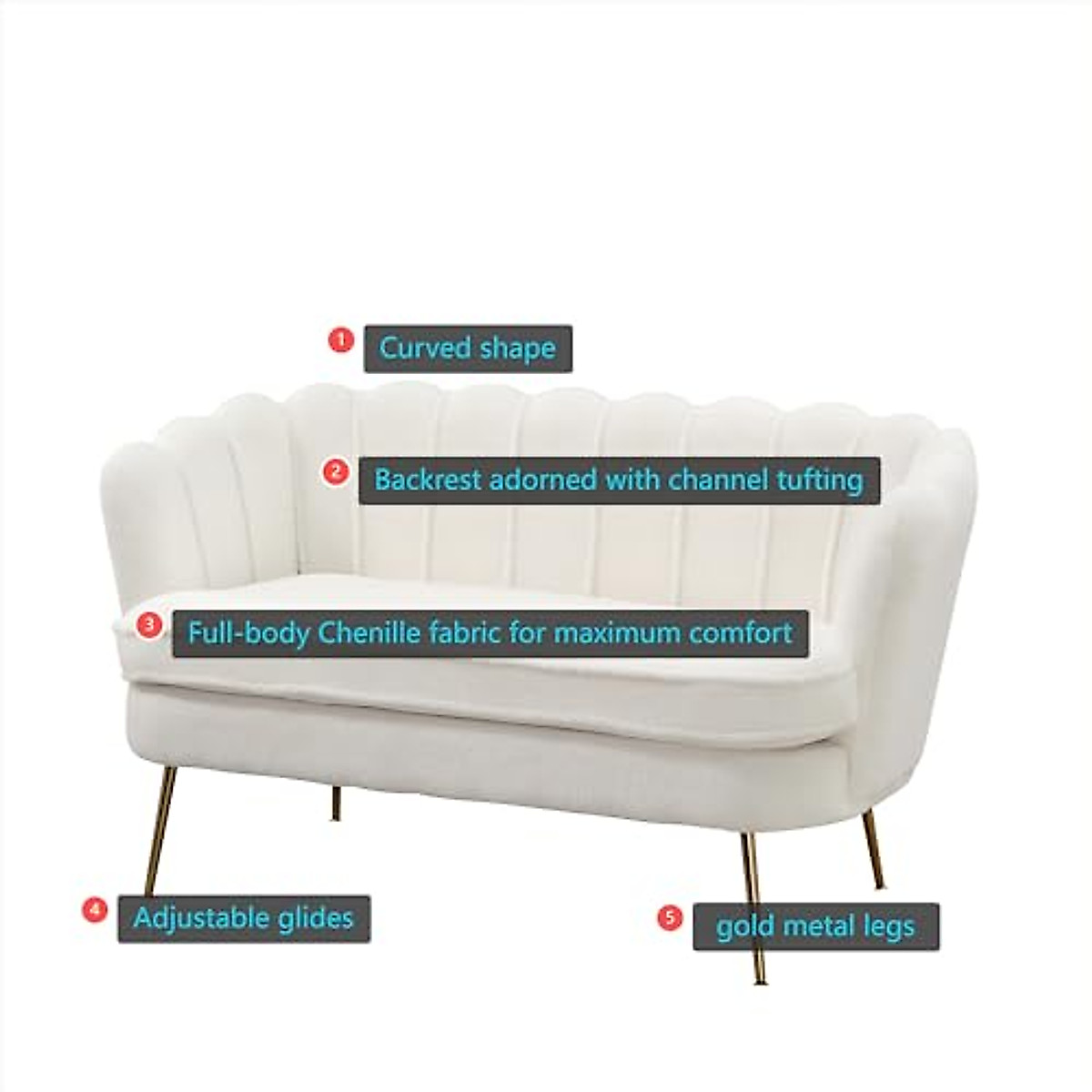 UFINEGO Curved Sofa Boucle Loveseat 59" Wide Modern Boucle Loveseat Upgrade Your Living Room with Our Curved Sofa - Featuring Gold Metal Legs and Full-Body Boucle Fabric, Ivory