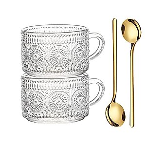 LUECMO Vintage Coffee Tea Cups [2 Pack], 14 oz Glass Tea Coffee Mugs, Clear Embossed Glass Cups for Cappuccino, Latte,Cereal, Yogurt, Beverage (Transparent)