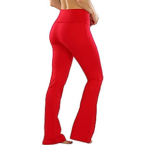 ToBeInStyle Women’s Premium Comfortable Cotton-Blend Fold Over Flared Yoga Pants Leggings - Ruby - Large
