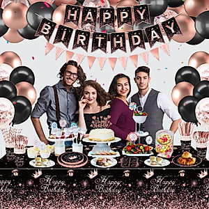 225 PCS Black and Rose Gold Party Decoration Black Rose Gold Dinnerware Set Rose Gold & Black Party Supplies Rose Gold and Black Birthday Party Supplies-Plates, Banners, Balloons, Tablecloth Serves 20