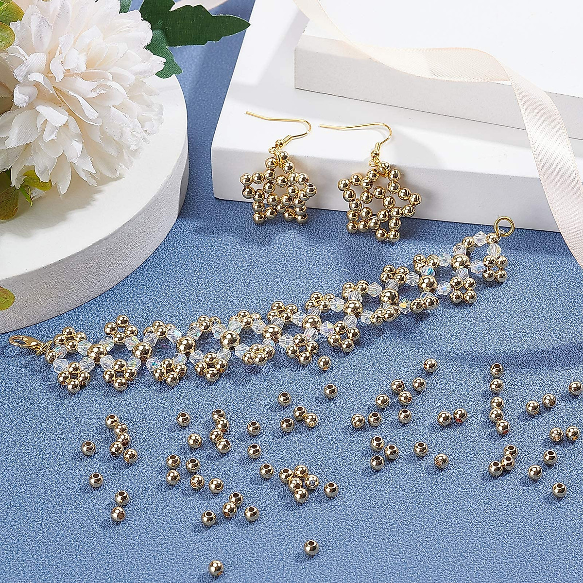 PH PandaHall 300pcs 4mm 14K Gold Plated Brass Beads Long-Lasting Round Smooth Spacer Beads Seamless Loose Ball Beads Gold Metal Beads for Summer Hawaii Stackable Necklace, Bracelet, Earring Making