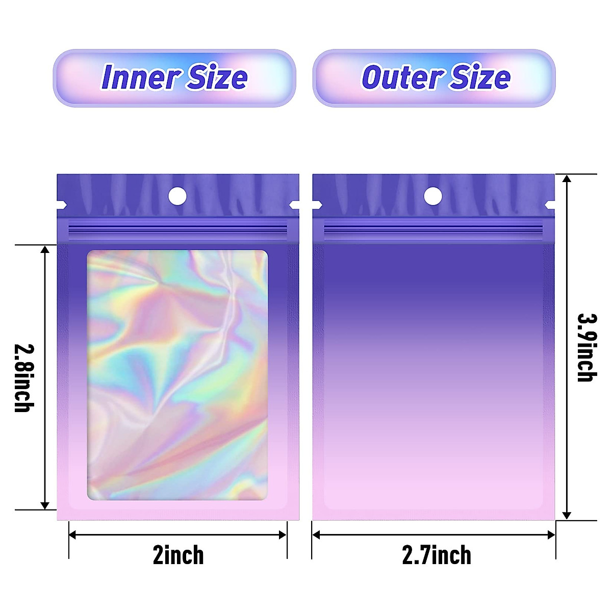 Funfery 100 Pack Gradient Holographic Bags,Mylar Resealable Bags with Zipper,Clear Window Packaging Pouch,Smell Proof Plastic Bags for Food Storage,Sample Jewelry Baggies(2.7×3.9in,Purple Pink)