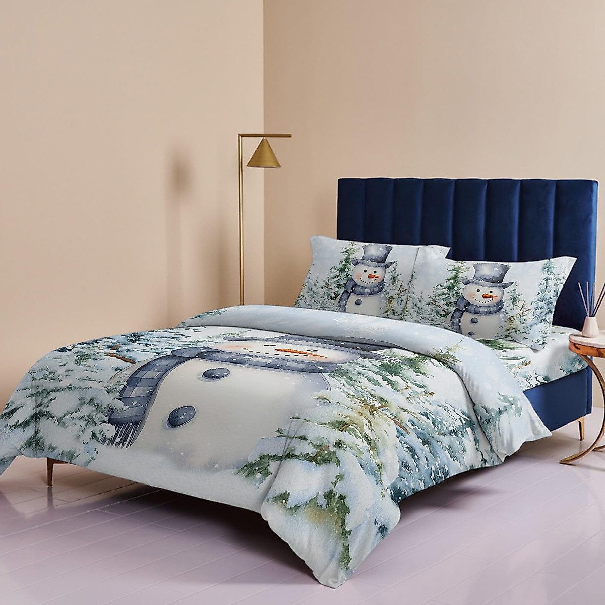 Merry Christmas Snowman Xmas Tree Duvet Cover Sets 4 Piece Queen Ultra Soft Bed Quilt Cover Set for Kids/Teens/Women/Men,Winter Snow Scene Bedding Collection All Season Use