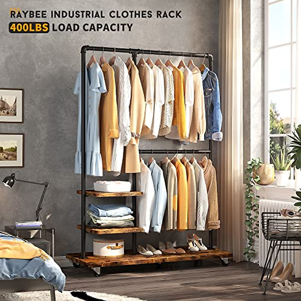 Raybee Clothes Rack Heavy Duty Clothing Rack, 400LBS Rolling Garment Rack with Shelves, Industrial Clothing Rack with Shelves, Portable Adjustable Clothes Rack for Hanging Clothes, Rustic Brown