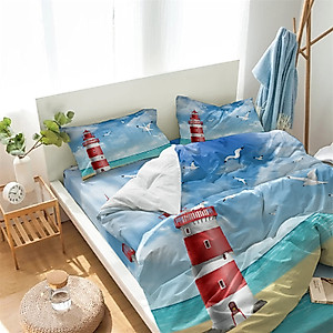 California King Duvet Covers Set Summer Ocean Beach Red Lighthouse 4 Pcs Bedding Sets Brushed Microfiber Quilt Covers Lightweight Cozy Flat Sheet with 2 Pillowcases Animal Seagulls Seascape Blue Sky