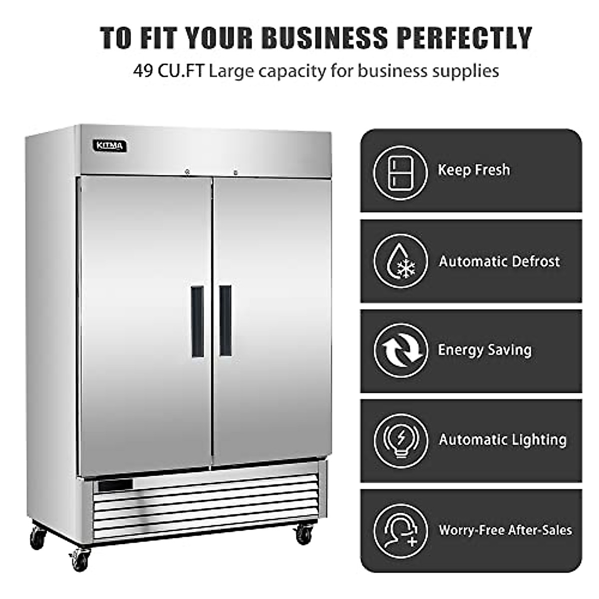 KITMA 54" Two Section Two Solid Doors Reach-in Commercial Refrigerator, 49 Cubic Feet, Automatic Defrost