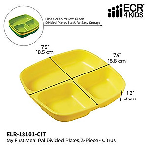 ECR4Kids My First Meal Pal Divided Plates, Kids Plastic Tableware, Stackable and Dishwasher Safe, Stackable Dinner Plates for Baby, Toddler and Child Feeding, 3-Pack - Citrus