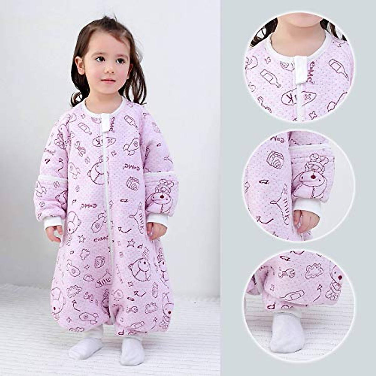 Happy Cherry Baby Romper Bag with Feet Detachable Sleeves Cotton Warm Autumn Wearable Blanket for Girls Pink 1-3 Years
