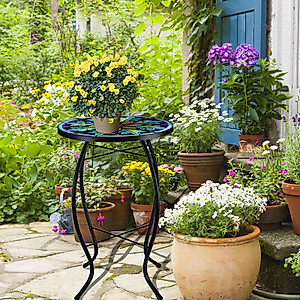 VCUTEKA Outdoor Side Table Mosaic End Table Patio Side Table Small End Table Glass Top Round Balcony Coffee Table Porch Indoor Glass Top