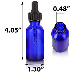 JUVITUS 1 oz / 30 ml Cobalt Blue Glass Boston Round Bottle with Graduated Measurement Glass Dropper (4 pack) + Funnel