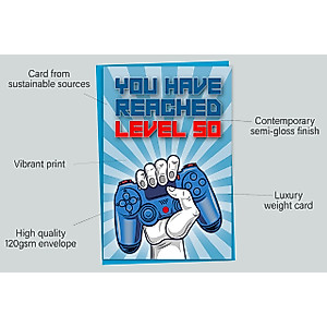 50th Birthday Card, You Have Reached Level 50, Greeting Card for Fifty Year Old Gamer Birthday Gift for Adult Son or Daughter, For Him Her Mom Dad, Blue
