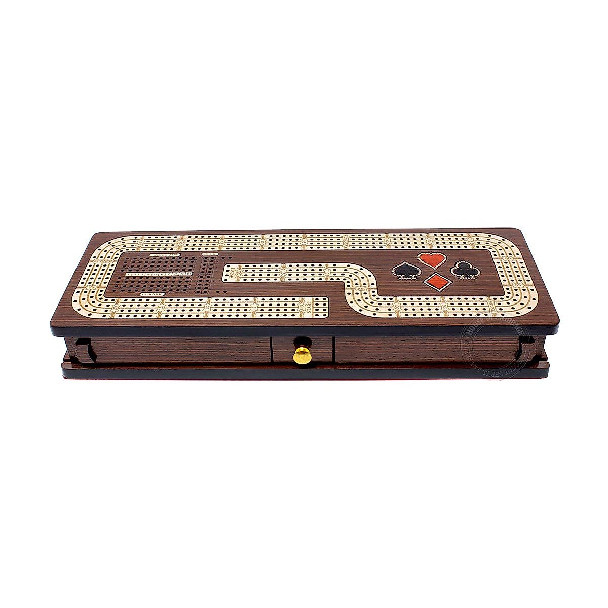 House of Cribbage - Continuous Cribbage Board/Box Inlaid in Wenge Wood/Maple : 4 Track - Cards & Pegs Storage Drawer with Score Marking Fields for Skunks, Corners and Won Games