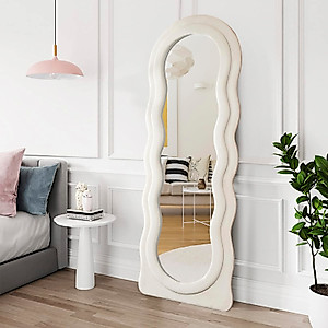GOODONE Wavy Mirror Full Length 63"x24", Irregular Full Body Mirror, Wave Arched Floor Mirror, Wall Mirror Standing Hanging or Leaning Against Wall for Bedroom, Flannel Wrapped Wooden Frame,Beige