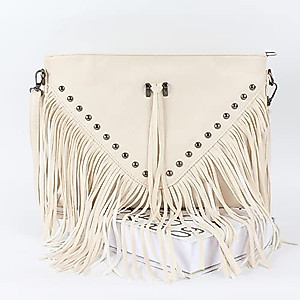 Hoce Women’s Leather Fringe Messenger Bag Hobo Crossbody Tassel Shoulder Bags, Beige