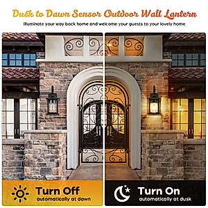 2-Pack Dusk to Dawn Sensor Outdoor Wall Lantern, Exterior Wall Mount Light Fixture with E26 Base Socket, 100% Anti-Rust Aluminum Waterproof Porch Light, Clear Glass Matte Black Wall Sconce for Doorway