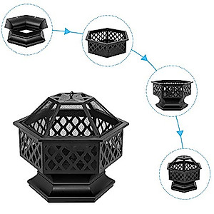 Douup 24-Inch Outdoor Fire Pit with Mesh Screen and Poker Hex Shaped Metal Wood Burning Bonfire Pit for Outdoor Camping Patio Backyard Garden - 8" Deep Bowl