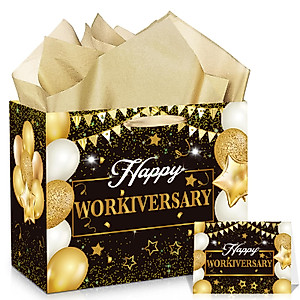 Happy Work Anniversary Gift Bag with Tissue Paper and Card Large Black Gold Happy Workiversary Wrapping Gift Bag for Employee Men Women Office Coworker Appreciation Party Thank You Wrap Bags Supplies