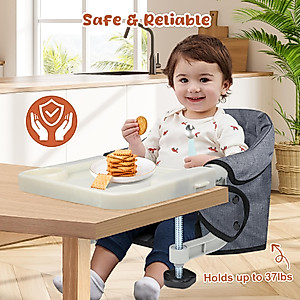 Hook On High Chair, Jozzve Clip on High Chair with Removable Dining Tray for Babies and Toddlers, Fold-Flat Storage Portable Baby Feeding Seat, Attach to Fast Table Chair for Home Travel (Grey)