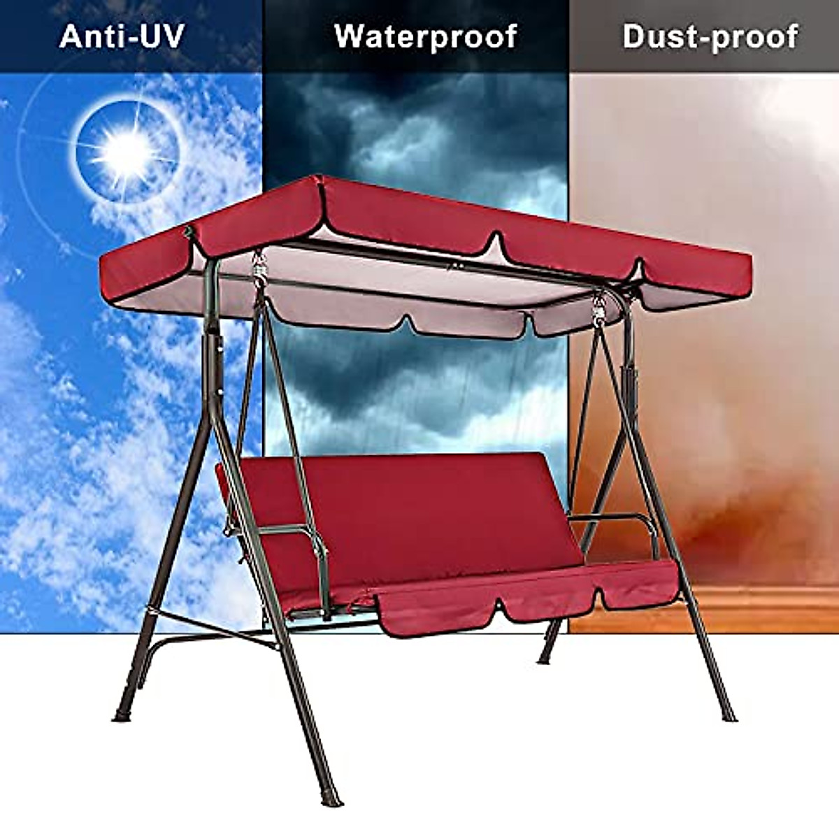 Universal Replacement Canopy Garden Swing Seat with String Light, Swing Seat 2 or 3 Seater Great Waterproof Swing Seat Canopy for Sun Shade Outdoor Seat Hammock,Red-195 * 125 * 15cm